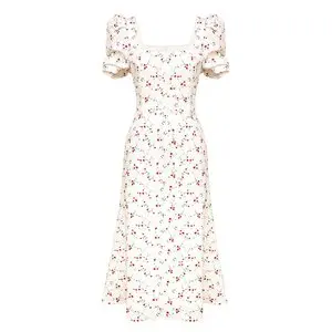 POST MERIDIEM Raspberries Godet Silhouette Square Neck Midi Dress - White