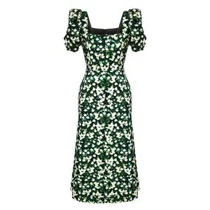 POST MERIDIEM Flowers Godet Silhouette Square Neck Midi Dress - Green