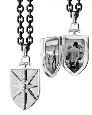 Monica Rich Kosann Black Steel Lockets White Sapphire Shield Pendant Necklace, 24 - Sterling Silver