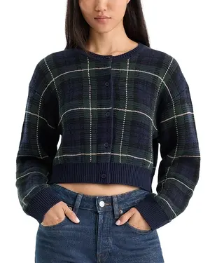 Good American The Jacquard Cardigan Sweater - Forest Plaid