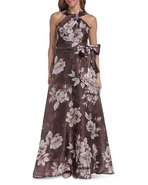 Eliza J Twist Neck Tie Waist Ball Gown - Chocolate