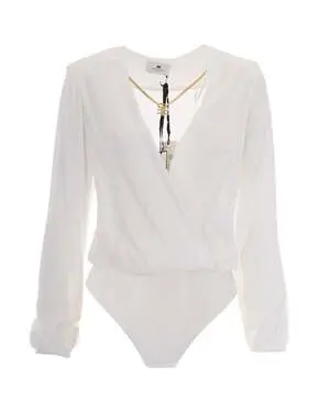 Elisabetta Franchi Long Sleeve Wrap Bodysuit With Chain Detail - Avorio