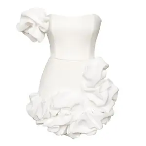 POST MERIDIEM Flounced Bottom One Shoulder Bustier Dress - White