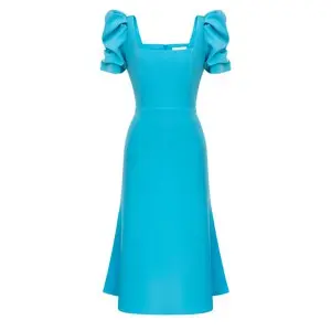 POST MERIDIEM Turquoise Godet Silhouette Square Neck Midi Dress - Blue