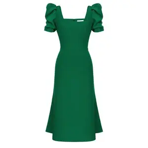 POST MERIDIEM Emerald Godet Silhouette Square Neck Midi Dress