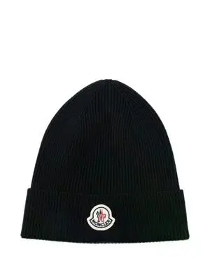 Moncler Logo-patch Ribbed-knit Beanie Hat - Black