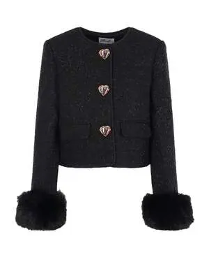 SELF-PORTRAIT Embellished Tweed Crop Jacket With Faux Fur Cuffs - Black