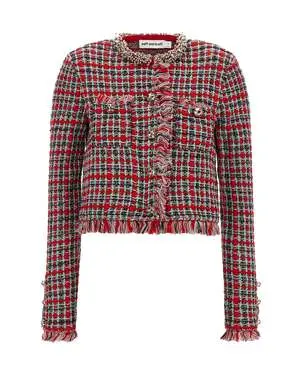 SELF-PORTRAIT Fringed Tweed Cropped Jacket - Red
