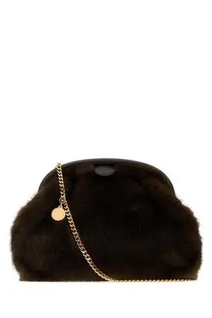 Stella McCartney Soft Plush Falabella Clutch With Chain - Coffee