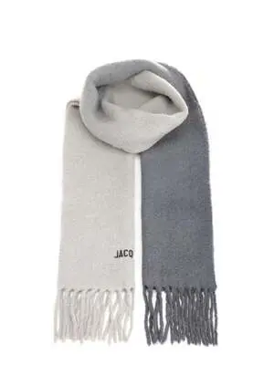 Jacquemus Two-tone Scarf With Embroidered Logo And Fringe - Grey