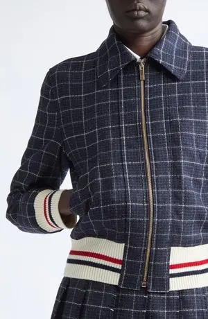 Thom Browne Windowpane Tweed Bomber Jacket - Navy