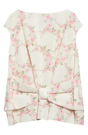 Simone Rocha Floral Print Boxy Peplum Bow Detail Top - Cream