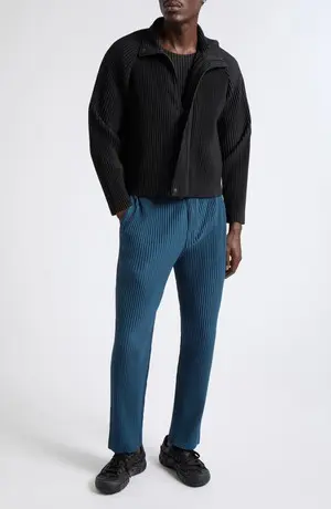 Issey Miyake Pleated Stand Collar Zip-up Jacket - Black
