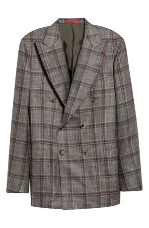 Isaia Overcheck Matte Effect Double Breasted Wool & Silk Jacket