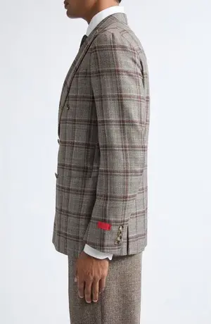 Isaia Overcheck Matte Effect Double Breasted Wool & Silk Jacket