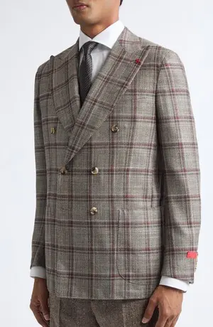 Isaia Overcheck Matte Effect Double Breasted Wool & Silk Jacket