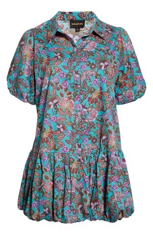 SUGARLIPS Printed Puff Sleeve Shirtdress - Teal Multi