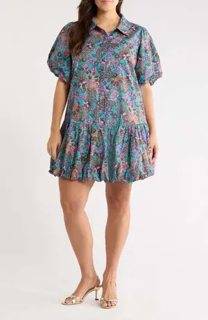 SUGARLIPS Printed Puff Sleeve Shirtdress - Teal Multi