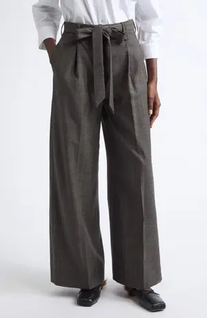 Simone Rocha Pleated Wide Leg Stretch Virgin Wool Sash Trousers - Peat
