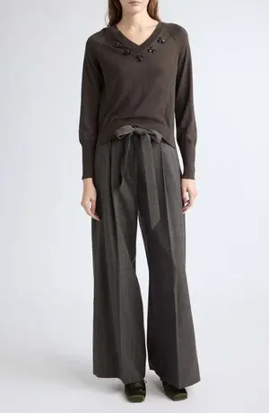 Simone Rocha Pleated Wide Leg Stretch Virgin Wool Sash Trousers