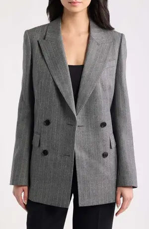 REISS Astrid Pinstripe Herringbone Double Breasted Wool Blazer - Grey