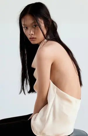 Mango Satin Cowl Halter Top - Ecru
