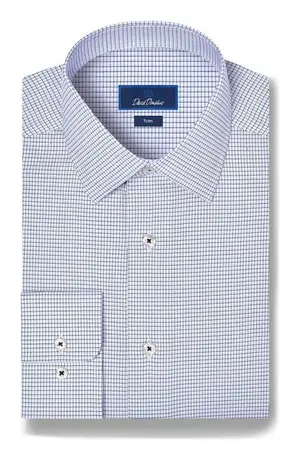 David Donahue Trim Fit Microcheck Stretch Twill Dress Shirt - Navy/sky