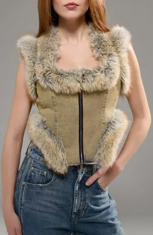 AZALEA WANG Zoraya Vest With Faux Fur Trim - Denim