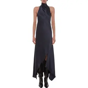 Helmut Lang Tie Neck Silk Maxi Dress - Navy