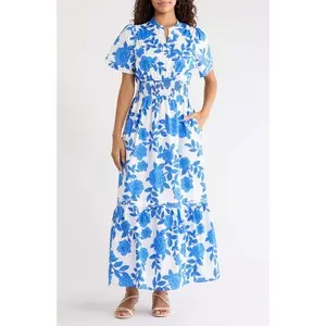 SUGARLIPS Floral Print Poplin Maxi Dress - White-blue-multi