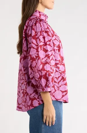 SUGARLIPS Floral Puff Sleeve Button-up Top