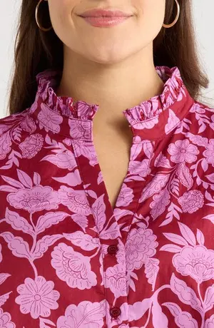 SUGARLIPS Floral Puff Sleeve Button-up Top