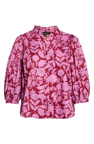 SUGARLIPS Floral Puff Sleeve Button-up Top