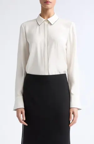Lafayette 148 New York Scottie Contrast Piping Silk Button-up Shirt
