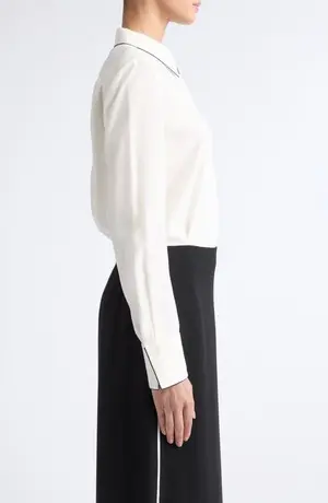 Lafayette 148 New York Scottie Contrast Piping Silk Button-up Shirt