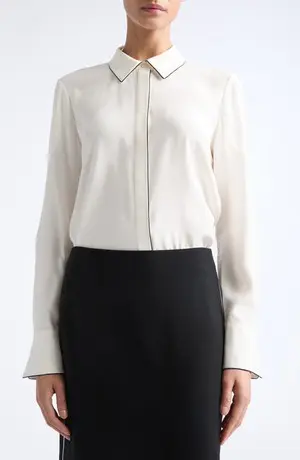 Lafayette 148 New York Scottie Contrast Piping Silk Button-up Shirt