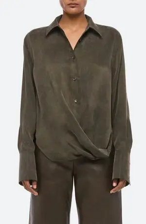 Helmut Lang Fluid Drape Button Front Shirt Dark Moss