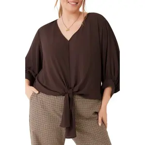 Karen Kane Blouson Sleeve Tie Front Top - Chocolate