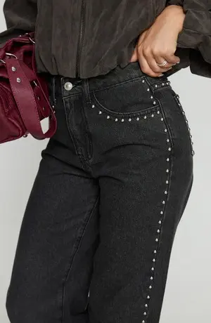 Princess Polly Saving Up Studded Mid Rise Straight Leg Jeans