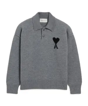 AMI Paris Long-sleeve Knitted Polo Shirt - Gray