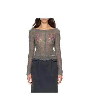 SHUSHU/TONG Long-sleeve Open-front Cardigan With Floral Embellishments - Grey