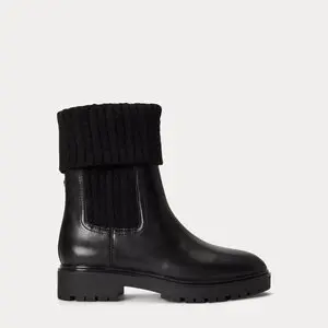 Ralph Lauren Allyson Cable-knit & Calfskin Bootie - Black