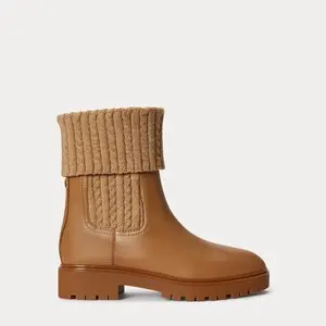 Ralph Lauren Allyson Cable-knit & Calfskin Bootie Camel/camel