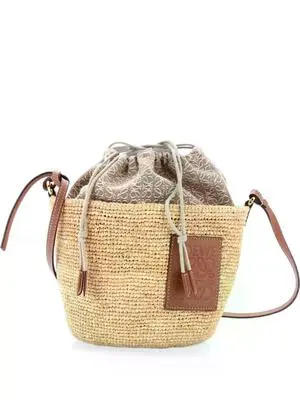 Loewe Pochette Crossbody Bag Woven Raffia And Leather With Anagram Jacquard Bucket Bag - Neutrals