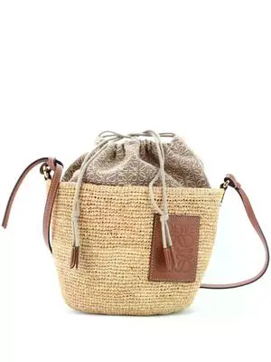 Loewe Woven Raffia And Leather Anagram Jacquard Bucket Bag - Neutrals
