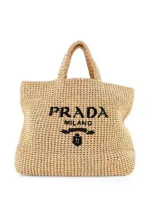Prada Logo Raffia Large Tote Bag - Neutrals