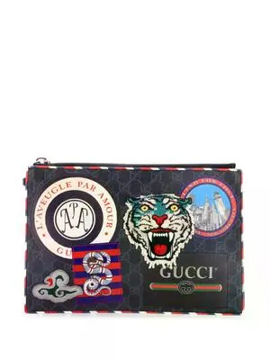 Gucci Night Courrier Pouch Gg Coated Canvas With Applique Clutch Bag - Black
