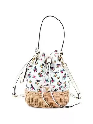 PRADA Prada Small Printed Canvas And Wicker Bucket Bag