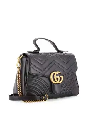 Gucci Gg Marmont Top Handle Flap Bag Matelasse Leather Small Satchel - Black
