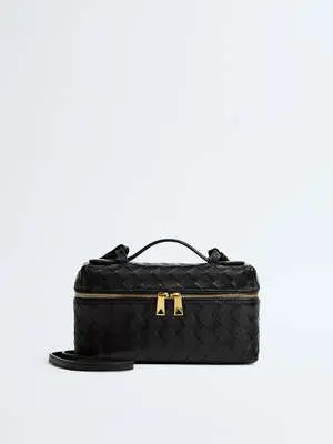 Bottega Veneta Mini Leather Vanity Case With Intrecciato Pattern, Removable Shoulder Strap, 23 X 13 X 6 Cm - Nero
